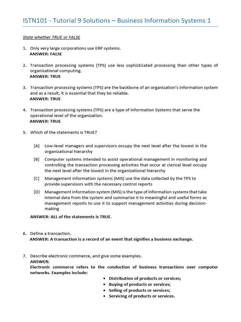 ISTN101 Tutorial 9 - Business Information Systems 1 Solutions | PDF | Decision Making ...