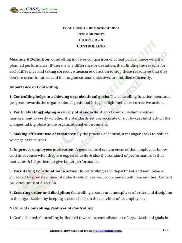 12 Business Studies CH 8 Controlling | PDF