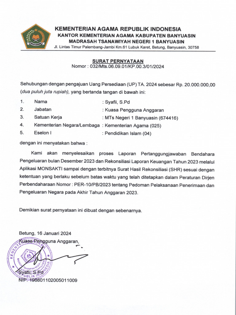 Surat Pernyataan Penyelesaian Up | PDF