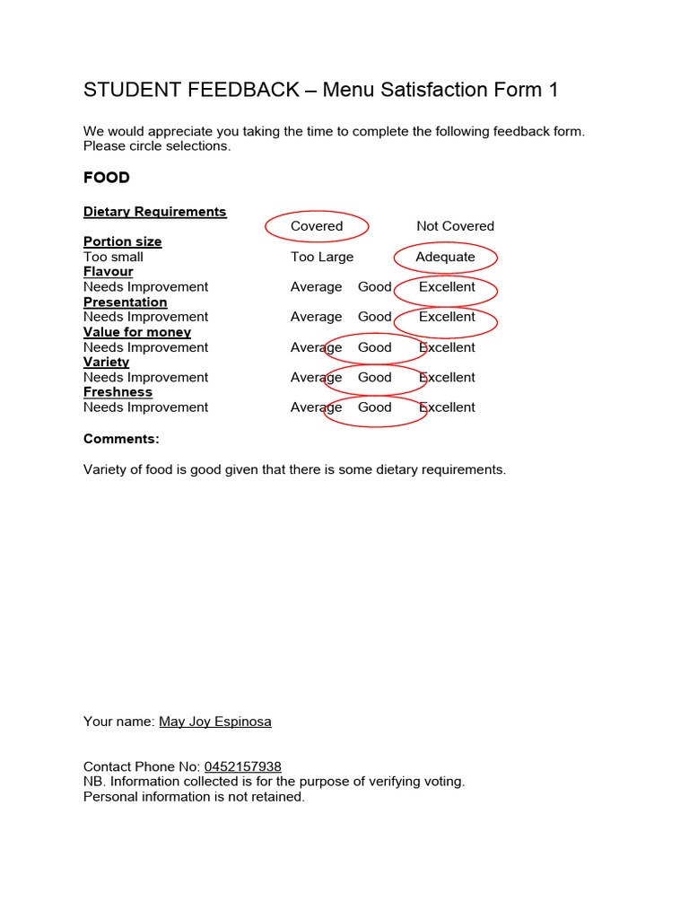 Student Menu Satisfaction Feedback Form | PDF