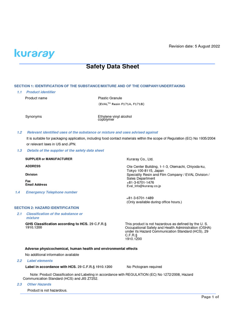 EVAL Resin F171A/B Safety Data Sheet | PDF | Chemistry | Occupational ...