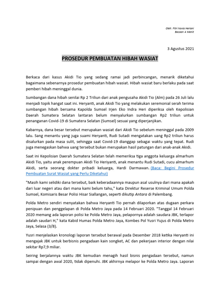 Prosedur Pembuatan Hibah Wasiat | PDF | Hukum