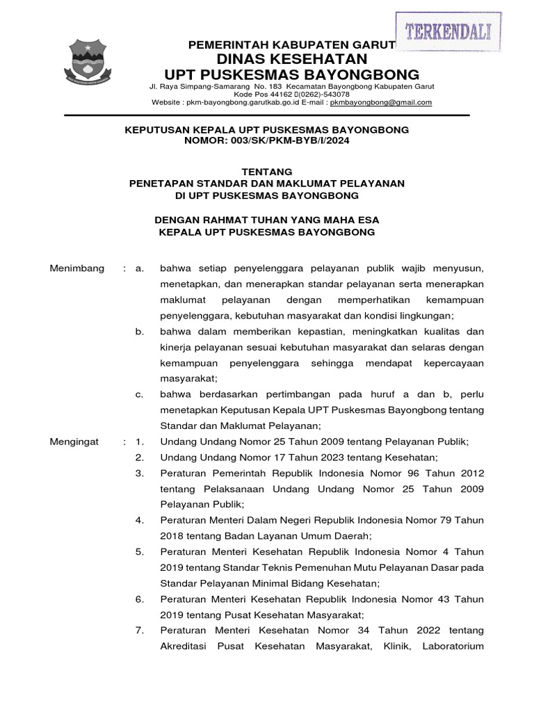 SK Penetapan Standar Pelayanan ILP 2024 Terkendali-20240515093544 | PDF