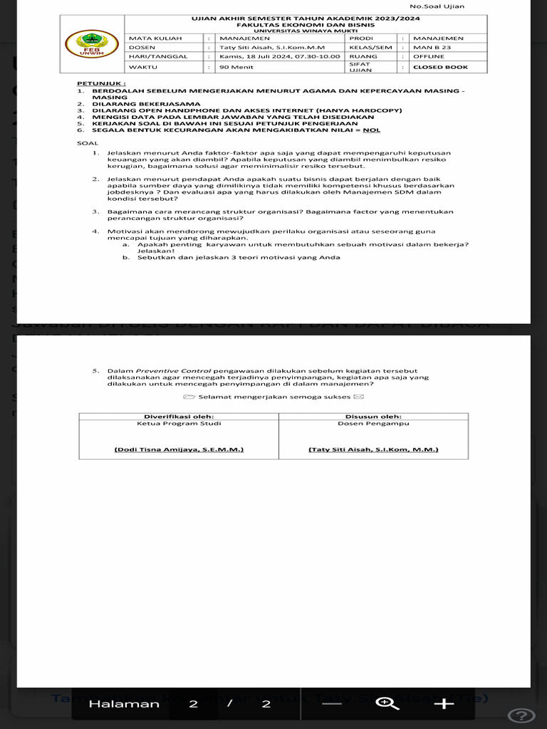 Ujian Akhir Semester Genap Th. Akademik 2023-2024 | PDF