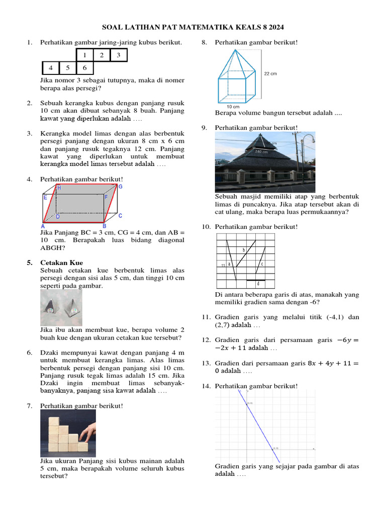 Latihan Pat MTK Kelas 8 2024 | PDF