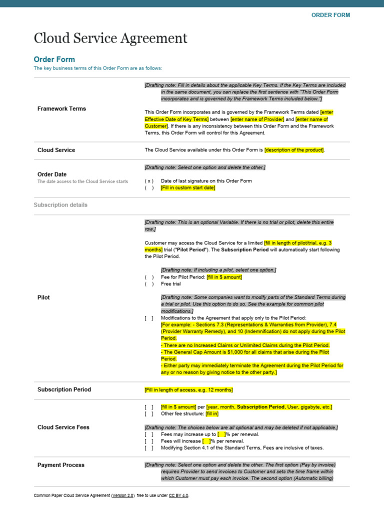 Cloud Service Agreement Order Form | PDF | Indemnity | Legal Remedy