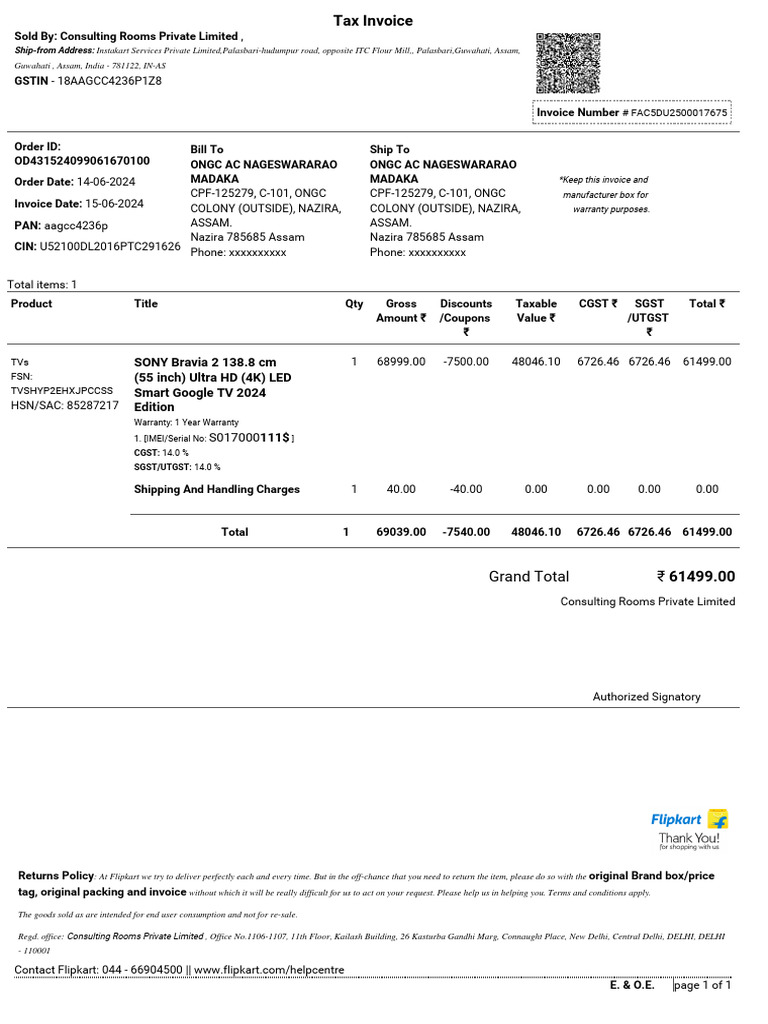 Invoice for Sony Bravia TV Purchase | PDF | Payments | Government Finances