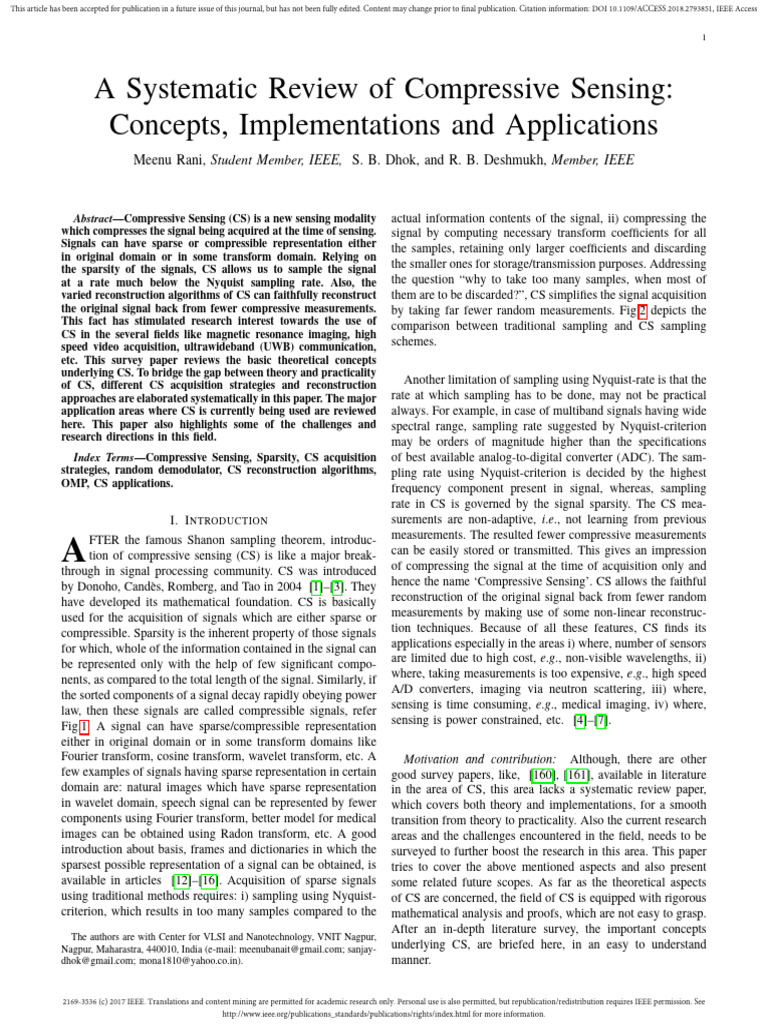 A Systematic Review Of Compressive Sensing Concept Pdf Sampling