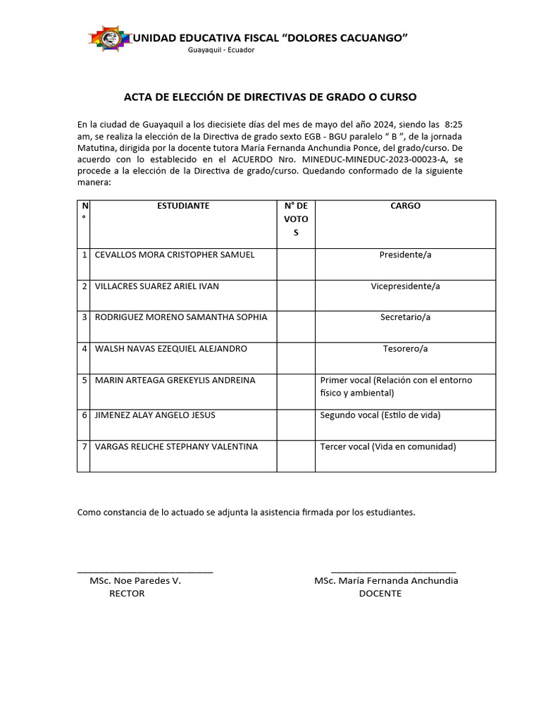 Acta de Elección de Directivas de Grado o Curso | PDF