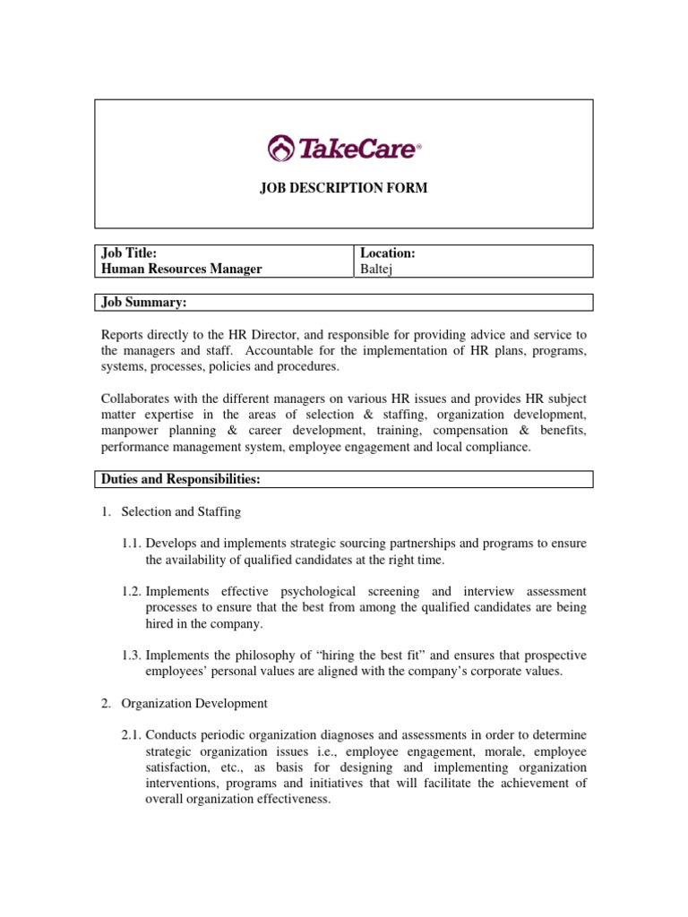 Human Resources Manager Job Description | PDF | Human Resources | Human ...