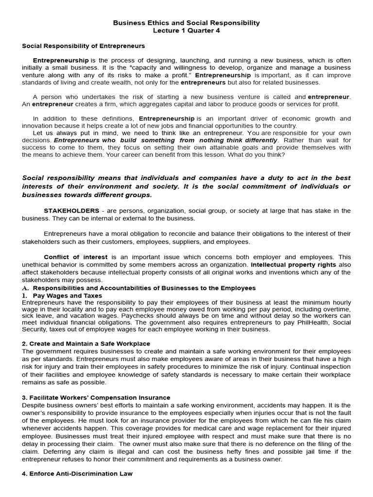 Lecture-1-Quarter-4 BUS. ETHICS | PDF | Entrepreneurship | Employment