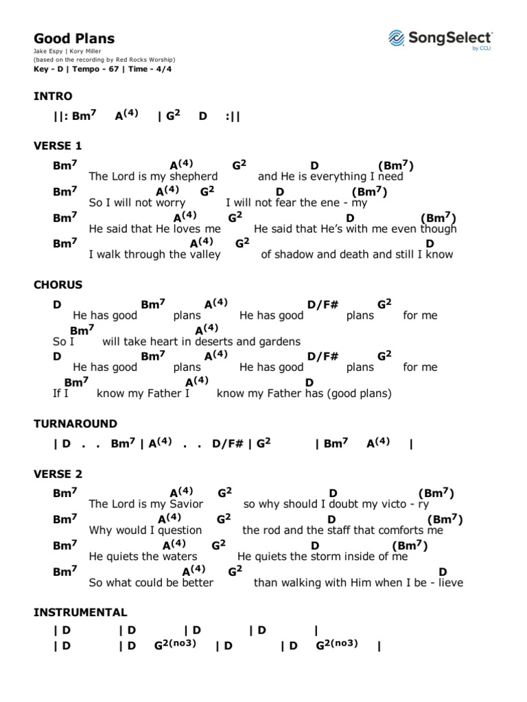 Good Plans - SongSelect Chart in D | PDF