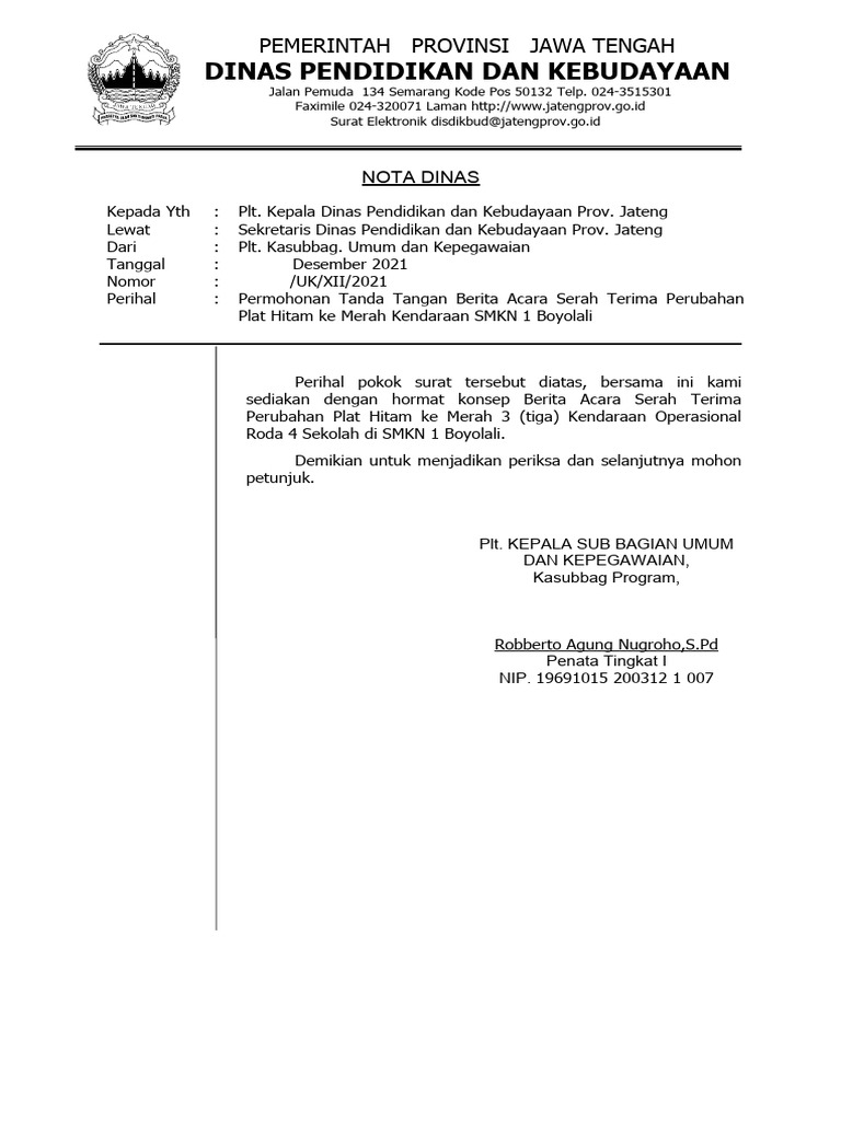 Nota Dinas Perubahan Plat | PDF
