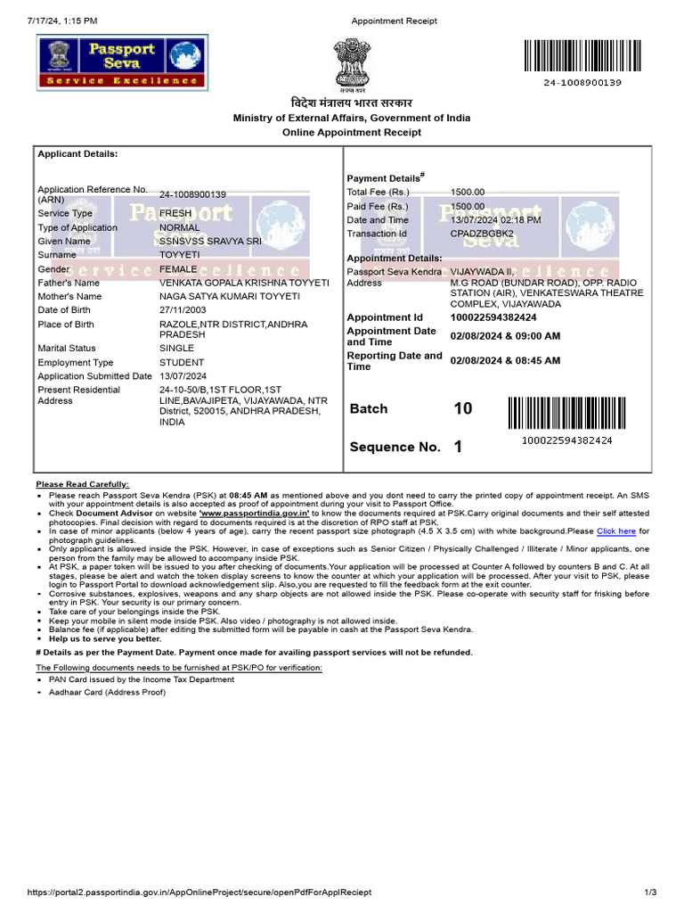 Sravya Sri Passport Appointment Receipt | PDF | Identity Document | Birth Certificate