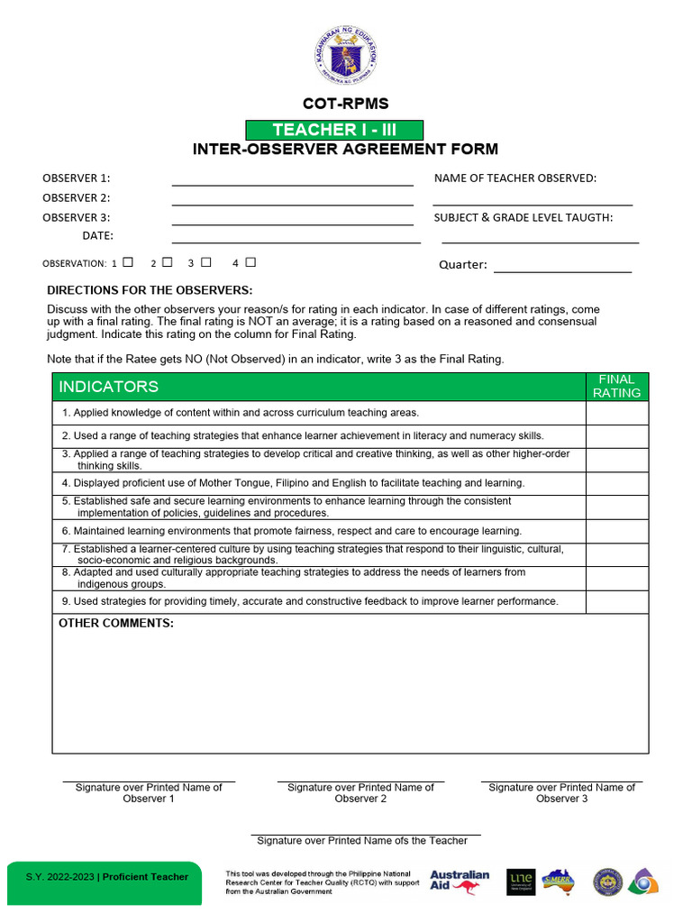 Teacher Observation Agreement Form | PDF | Teachers | Learning