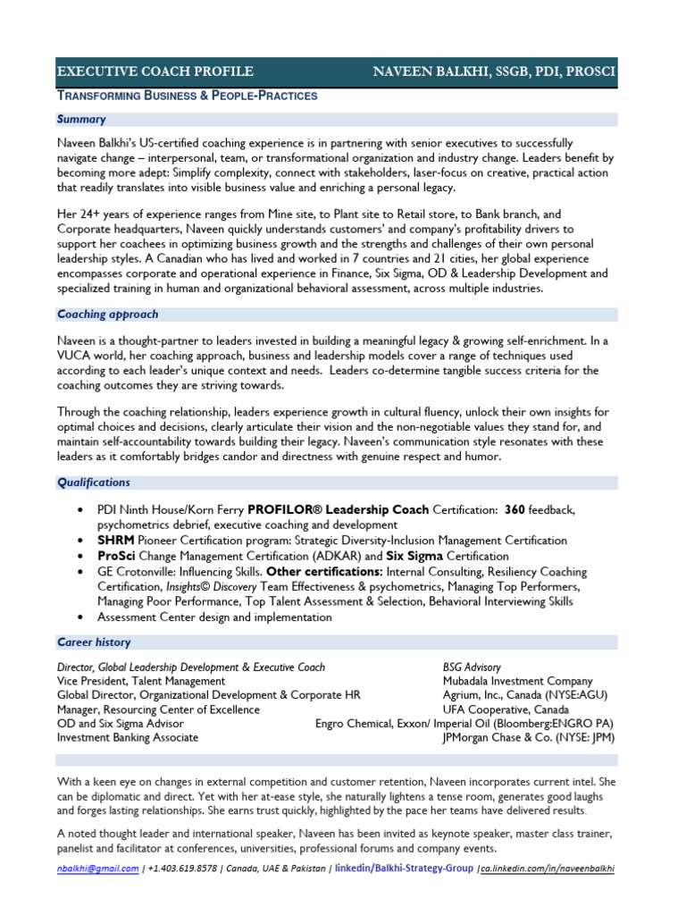 Executive Coach Profile - Naveen Balkhi | PDF | Leadership | Business