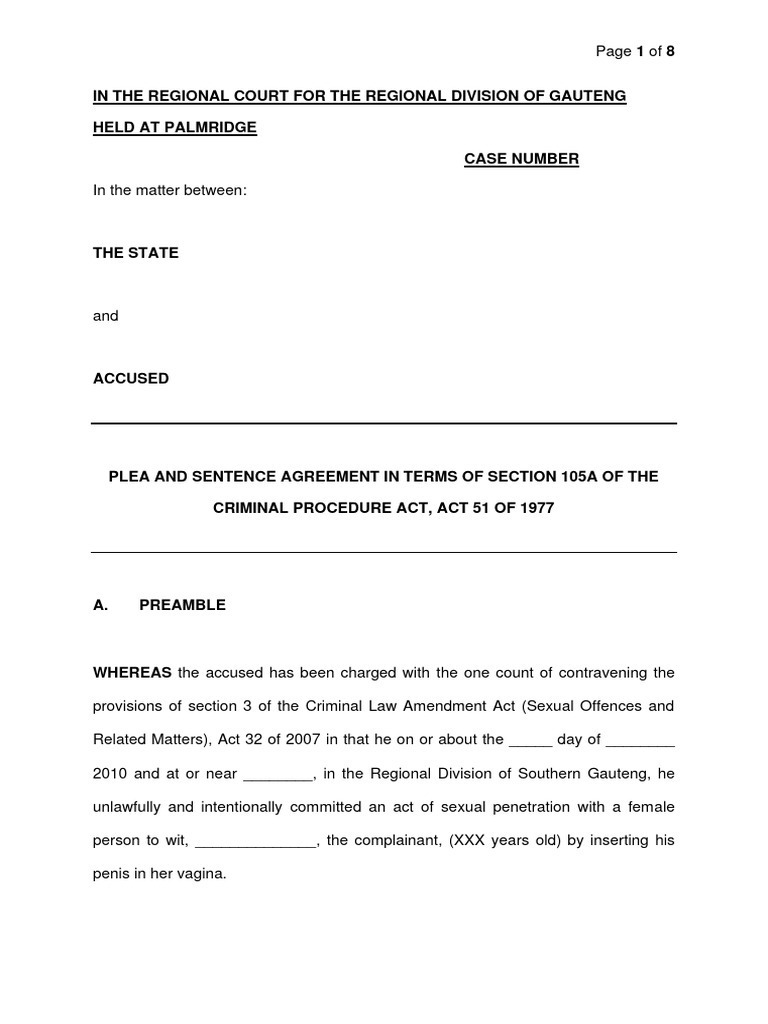 Section 105 Plea Agreement | PDF | Criminal Procedure In South Africa ...