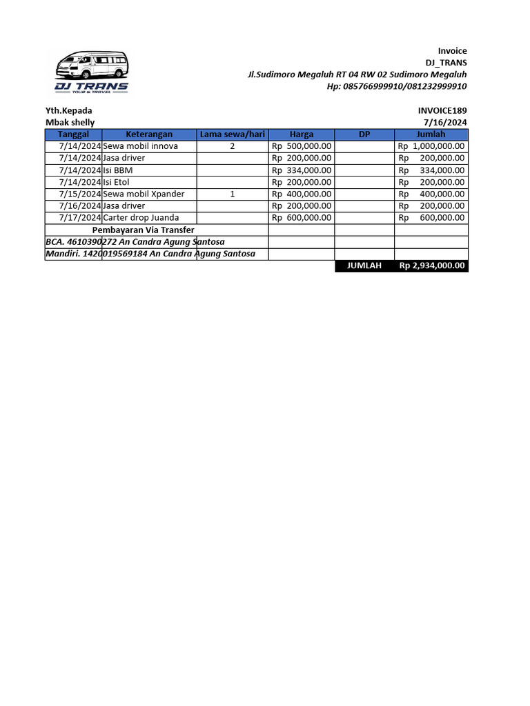 Invoice for Car Rental Services | PDF