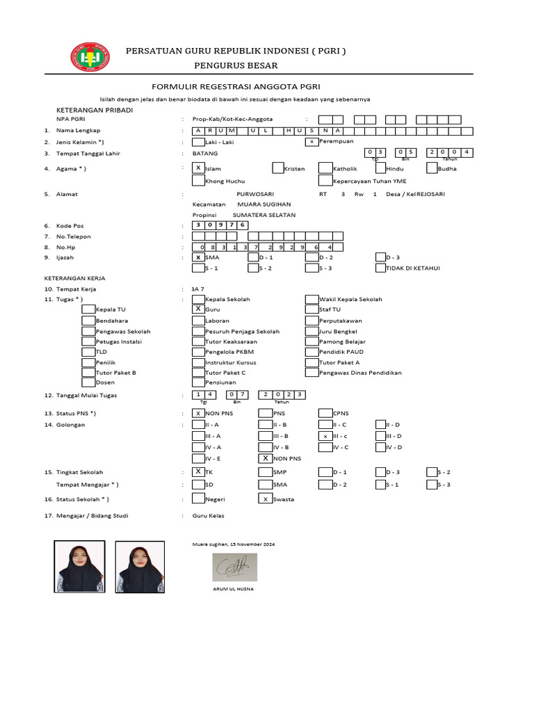Formulir Pgri Arum Ul Husna | PDF