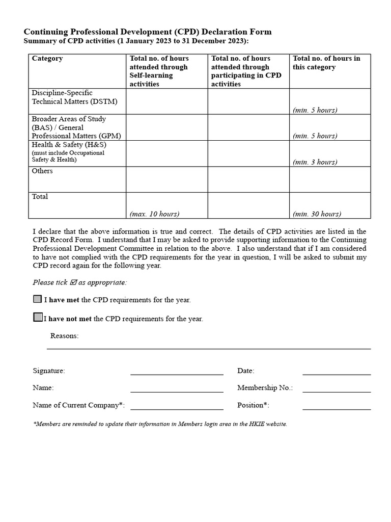 CPD Declaration Form and CPD Record Form 2023 | PDF | Professional Development