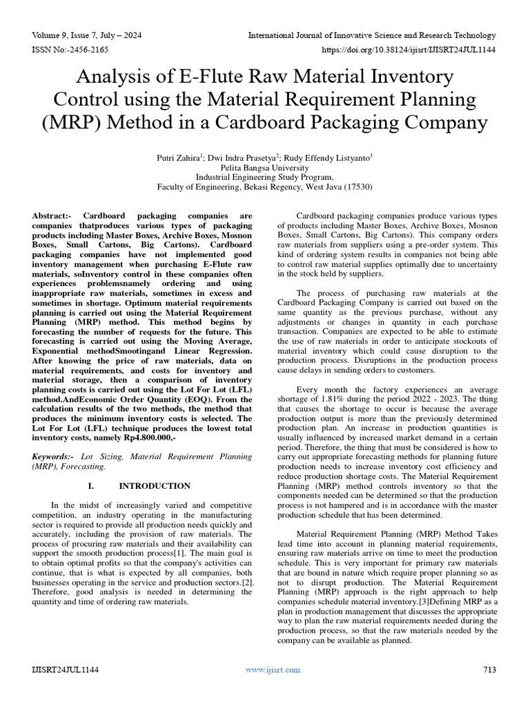 Analysis of E-Flute Raw Material Inventory Control Using The Material Requirement Planning (MRP ...