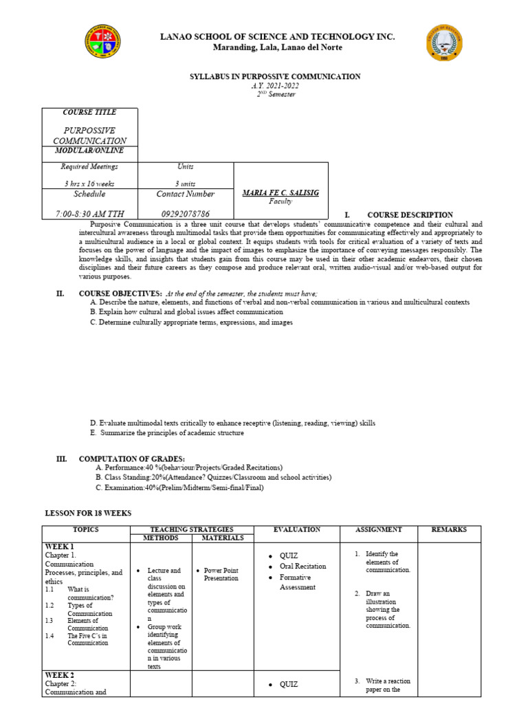 Syllabus in Purposive Communicatio 1 | PDF | Educational Assessment ...