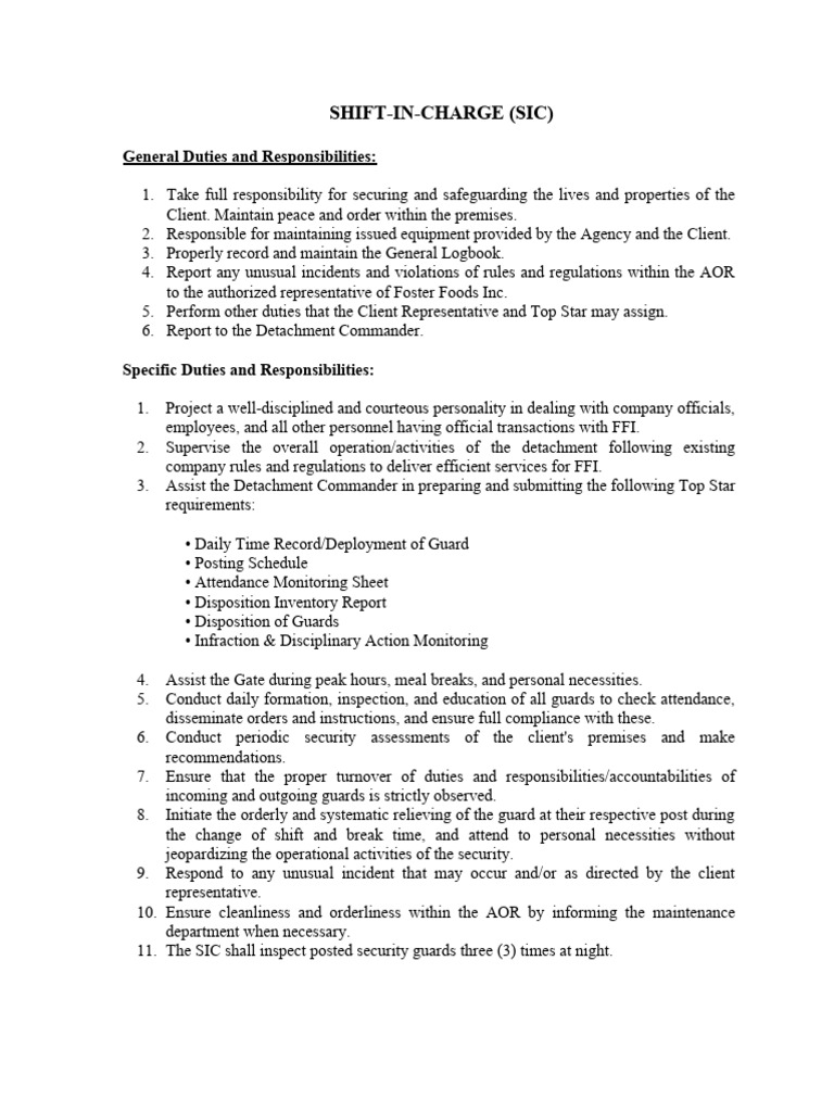 Shift-In-Charge Duties Guide | PDF | Business