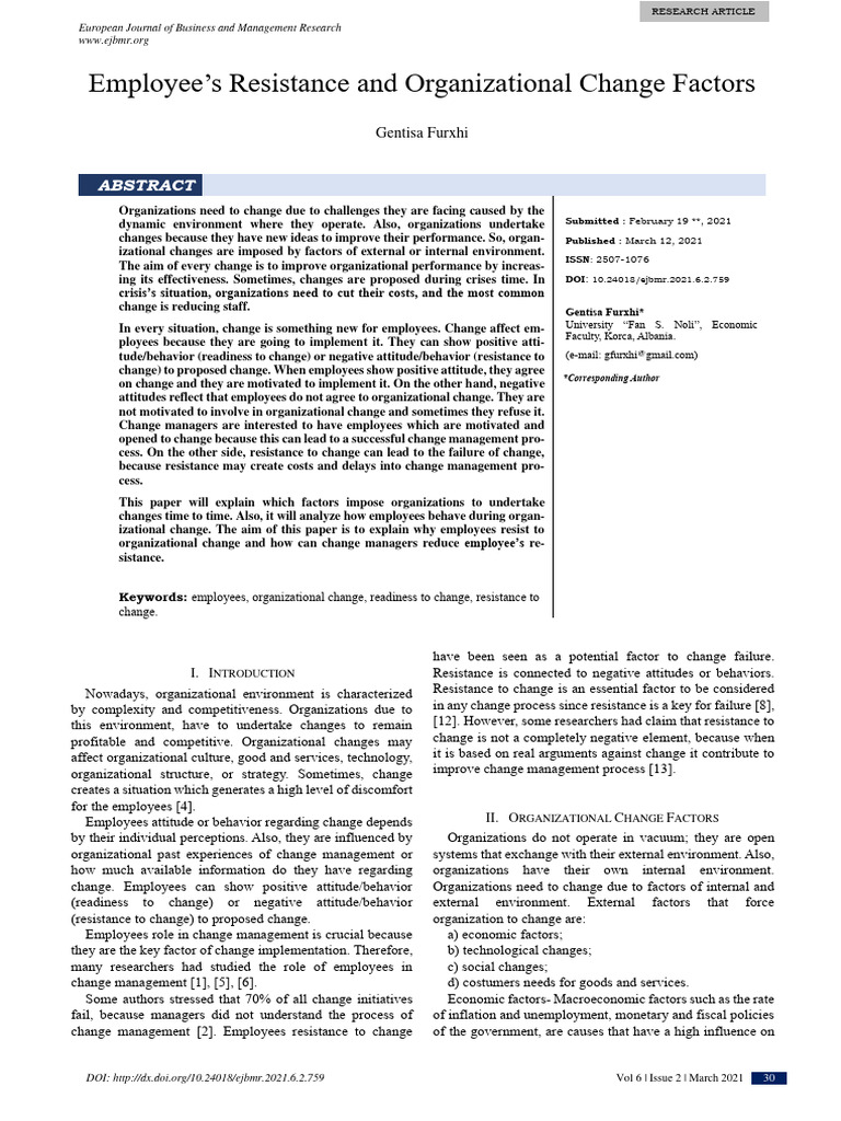 Employee's Resistance and Organizational Change Factors | PDF | Change ...
