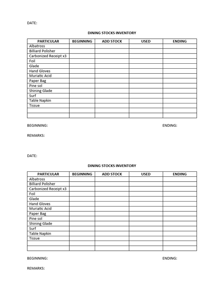 Dining Stocks Inventory | PDF | Social Science | Home & Garden