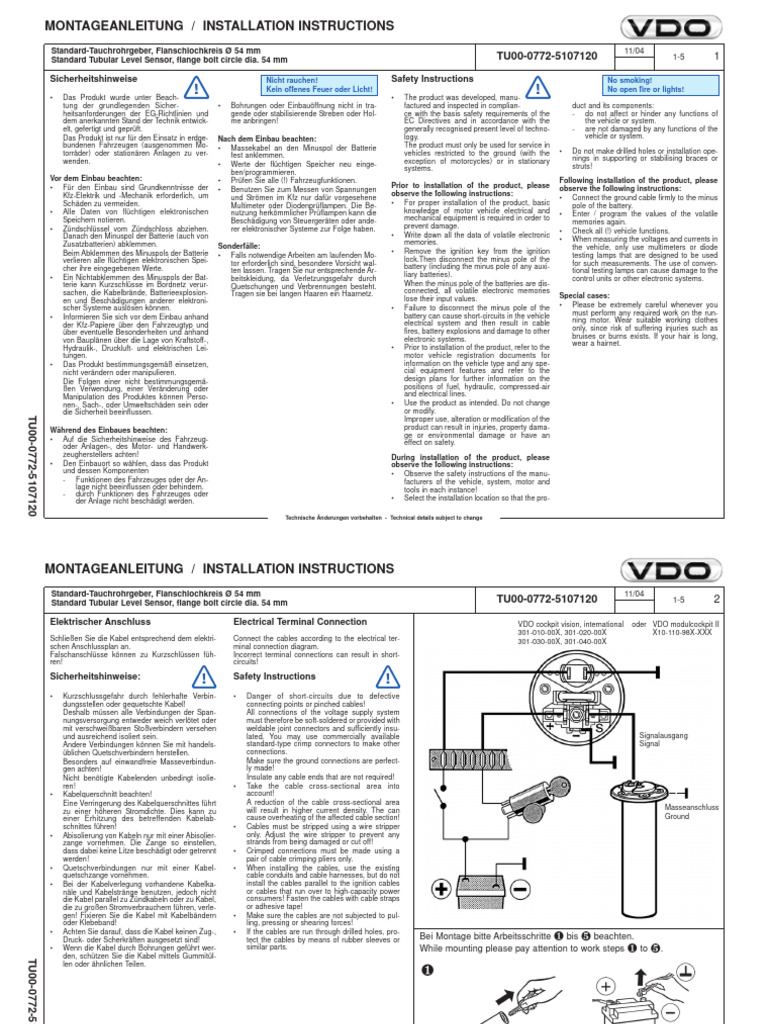 VDO Tubular Level Sensor Instructions | PDF