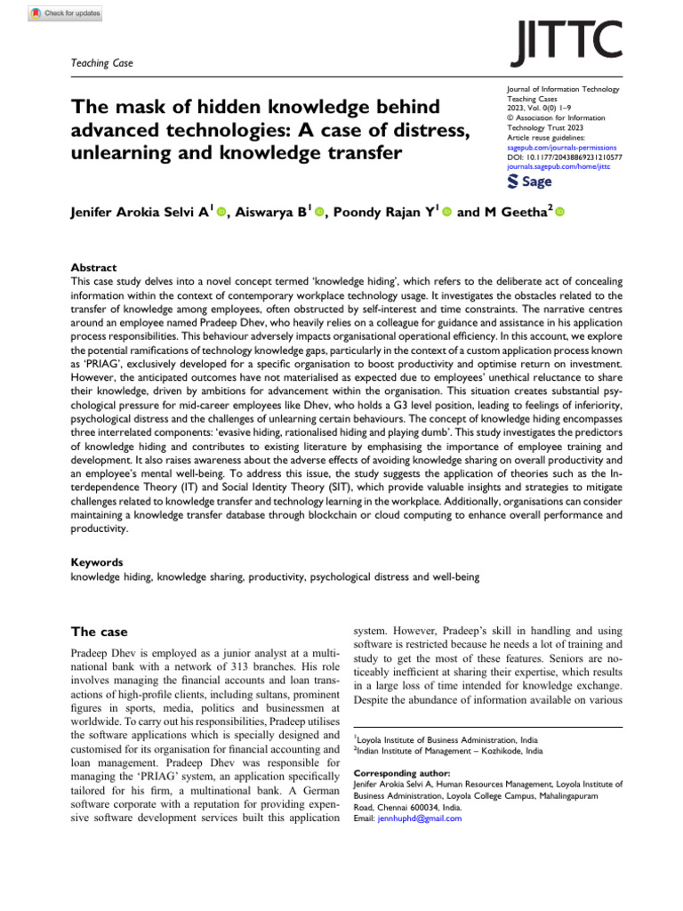Knowledge Hiding in Workplace Technology | PDF | Identity (Social ...