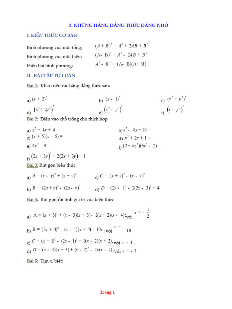Bai Tap Toan Lop 8 Nhung Hang Dang Thuc Dang Nho | PDF