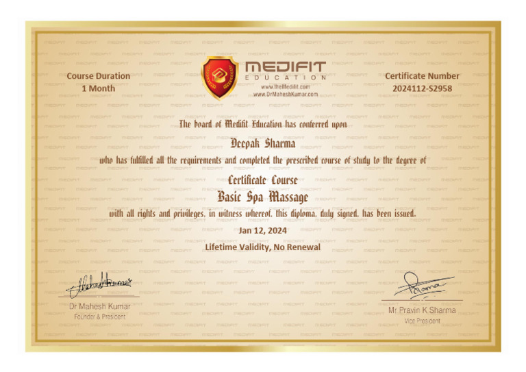Basic Spa Massage Certificate Awarded | PDF