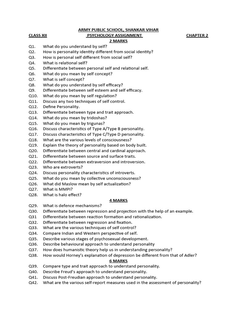 2023 Class 12 Chapter 2 Assignment | PDF | Self | Cognition