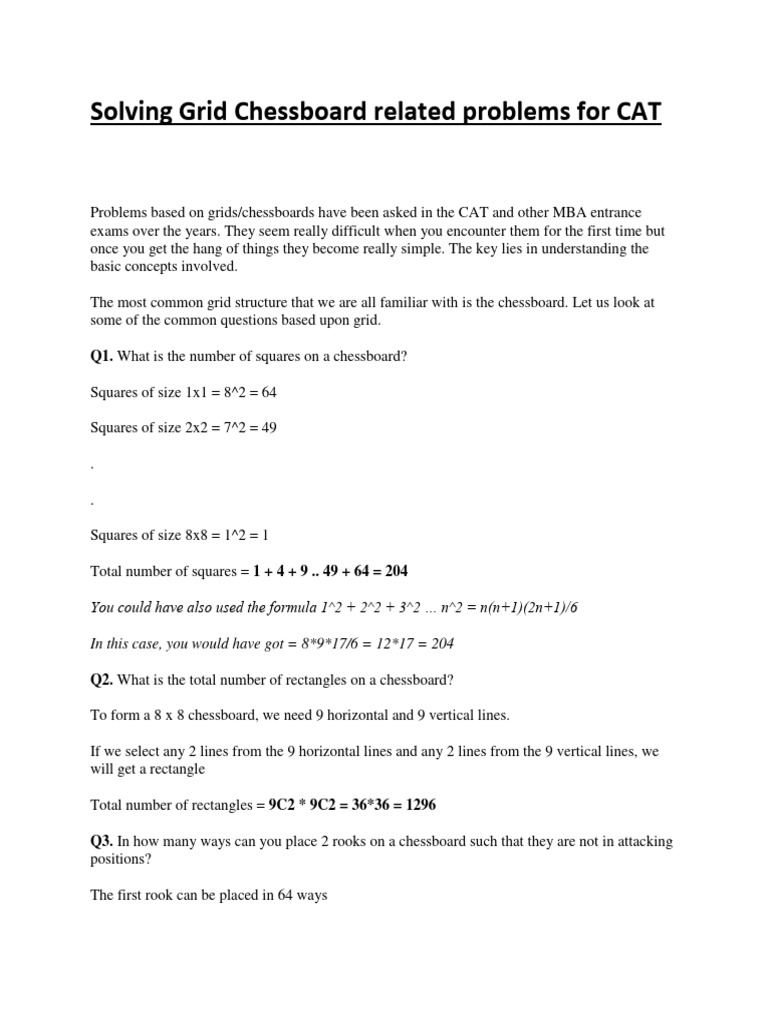 Chessboard Problem Solving for CAT | PDF | Chess | Abstract Strategy Games