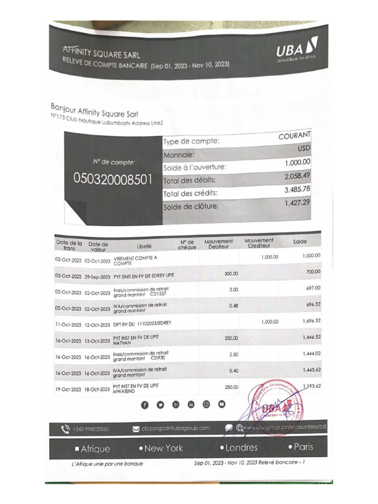 Releve de Compte Bancaire (Sep 01, 2023 - Nov 10, 2023) | PDF