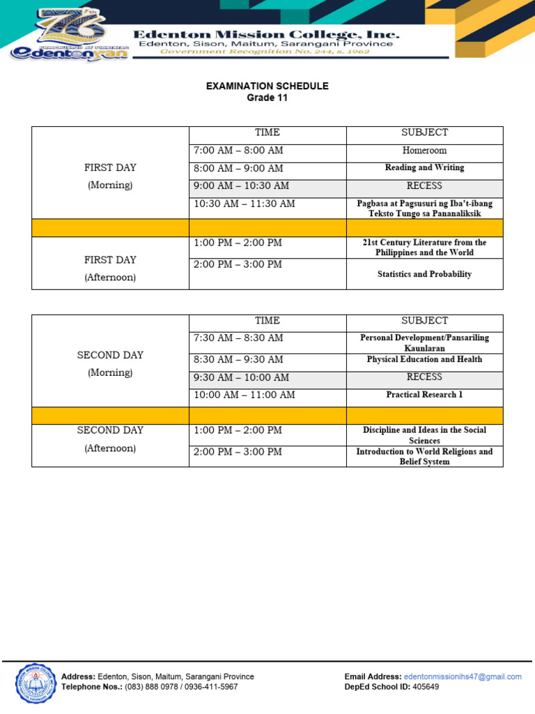 Exam Schedule SHS Wholeday | PDF | Science