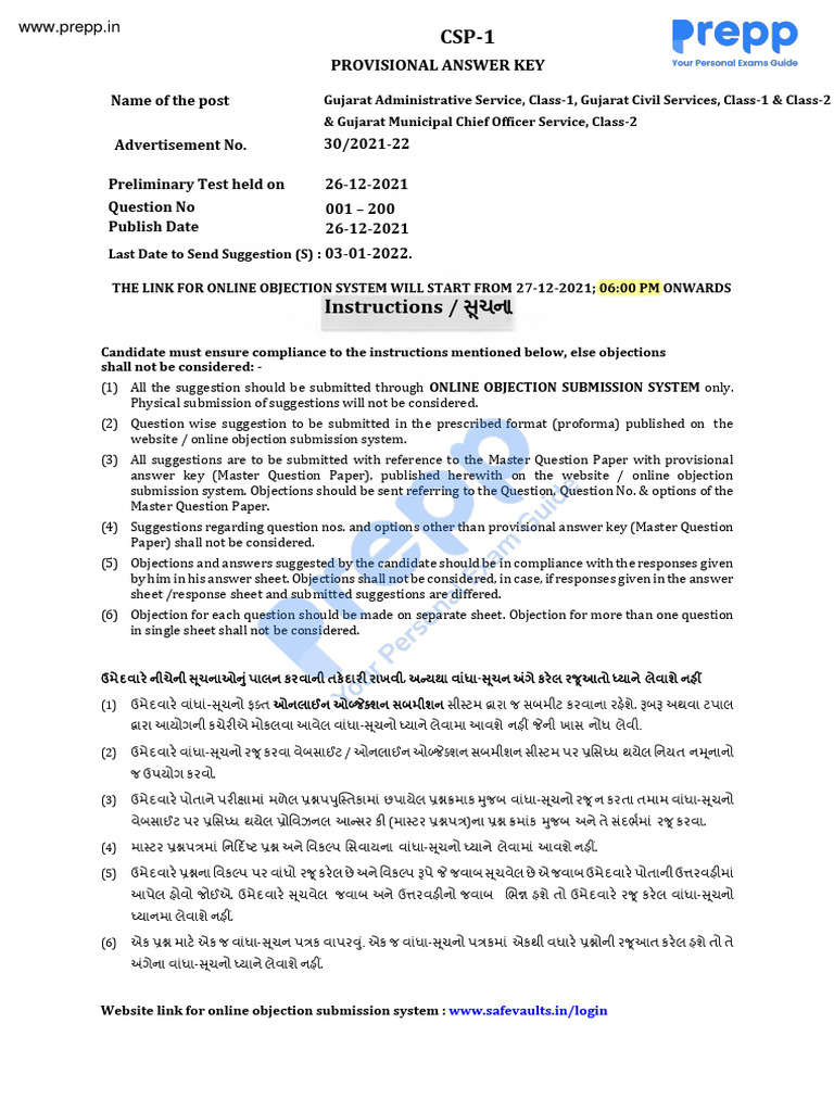 Paper 1 GPSC Exam Question Paper and Provisional Answer Key For ...