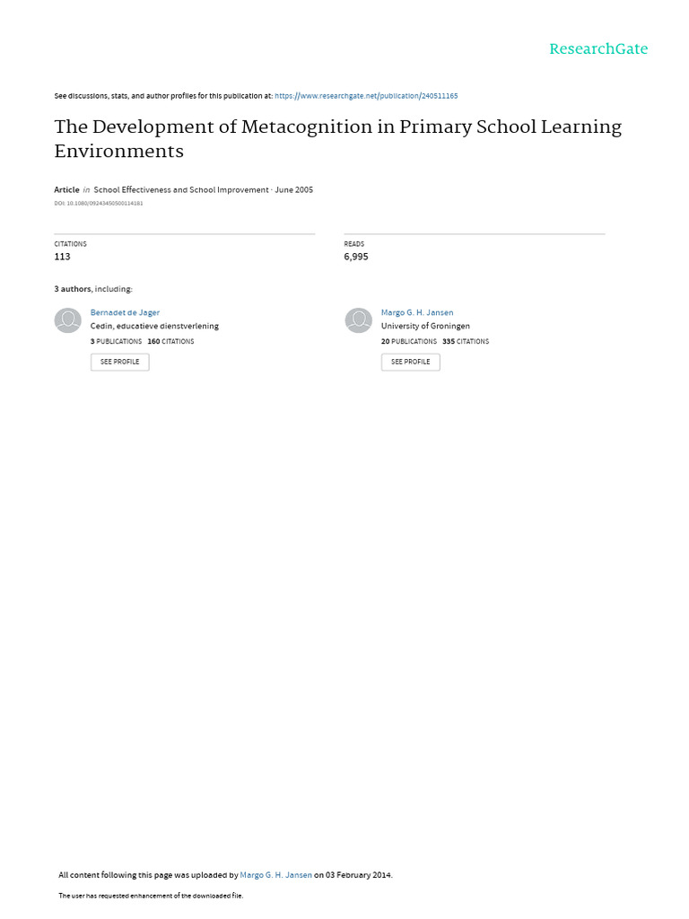 The Development of Metacognition in Primary School | PDF ...