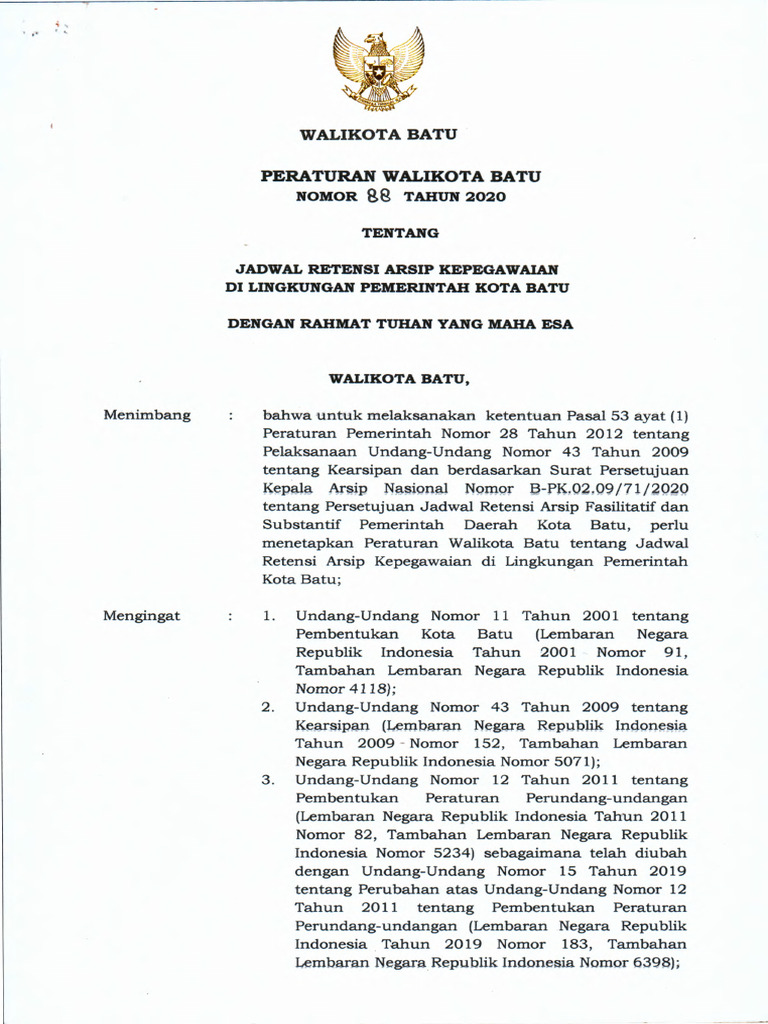 Peraturan Walikota Nomor 88 Tahun 2020 (JRA Kepegawaian) | PDF