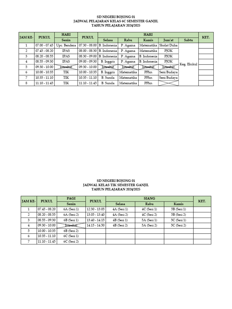 Jadwal Pelajaran Kelas 6C | PDF