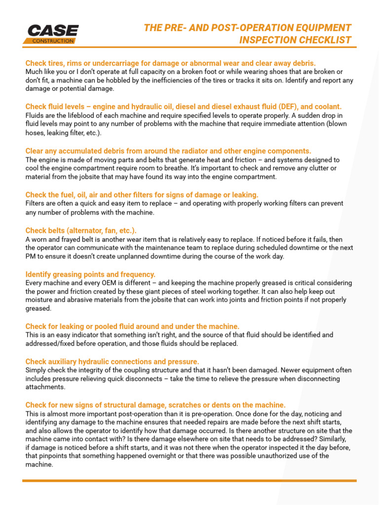 Pre Post Inspection Checklist | PDF | Machines | Engines
