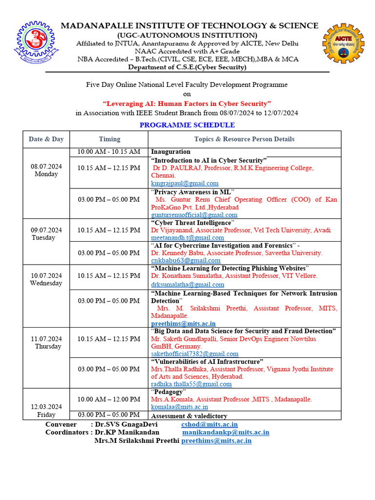 FDP - Agenda - Cyber Security-With Email Ids | PDF | Security | Computer Security