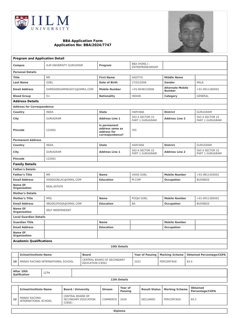 BBA Application Form for Aaditya Goel | PDF | Justice | Crime & Violence