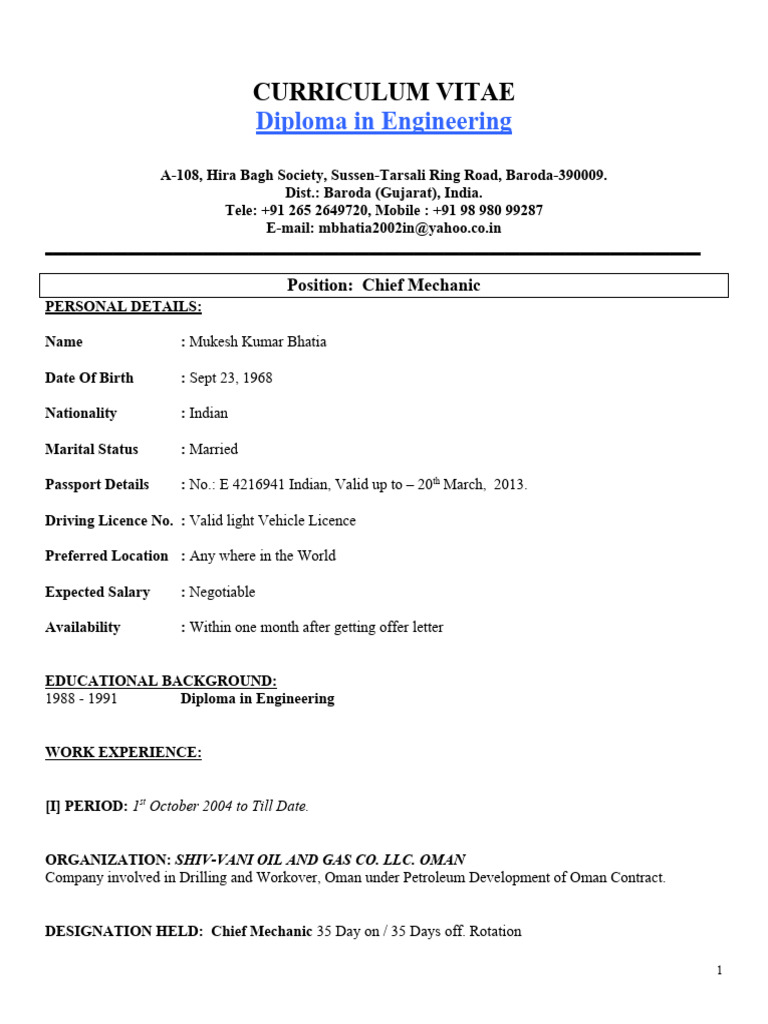 cv_bhatia_C.MECH | PDF | Drilling Rig | Oil Well