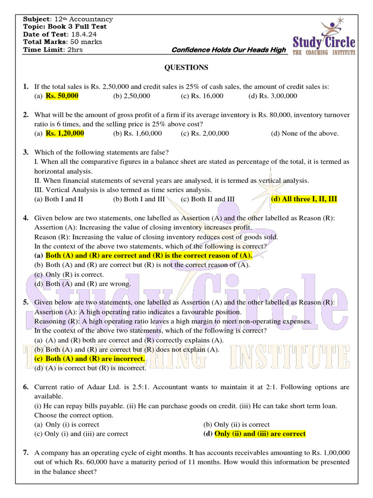12th Accountancy Book 3 Test Questions | PDF | Revenue | Financial Capital