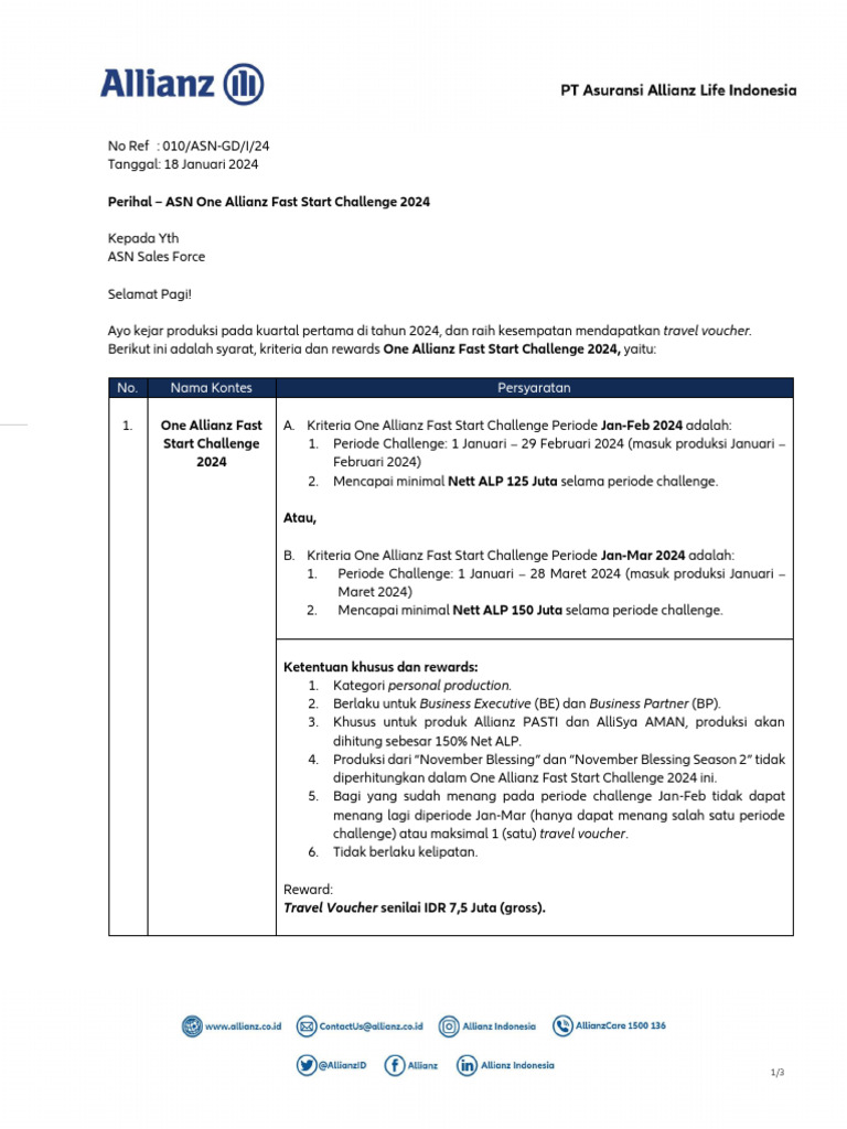 Memo ASN One Allianz Fast Start Challenge 2024 - 240119 - 110350 | PDF