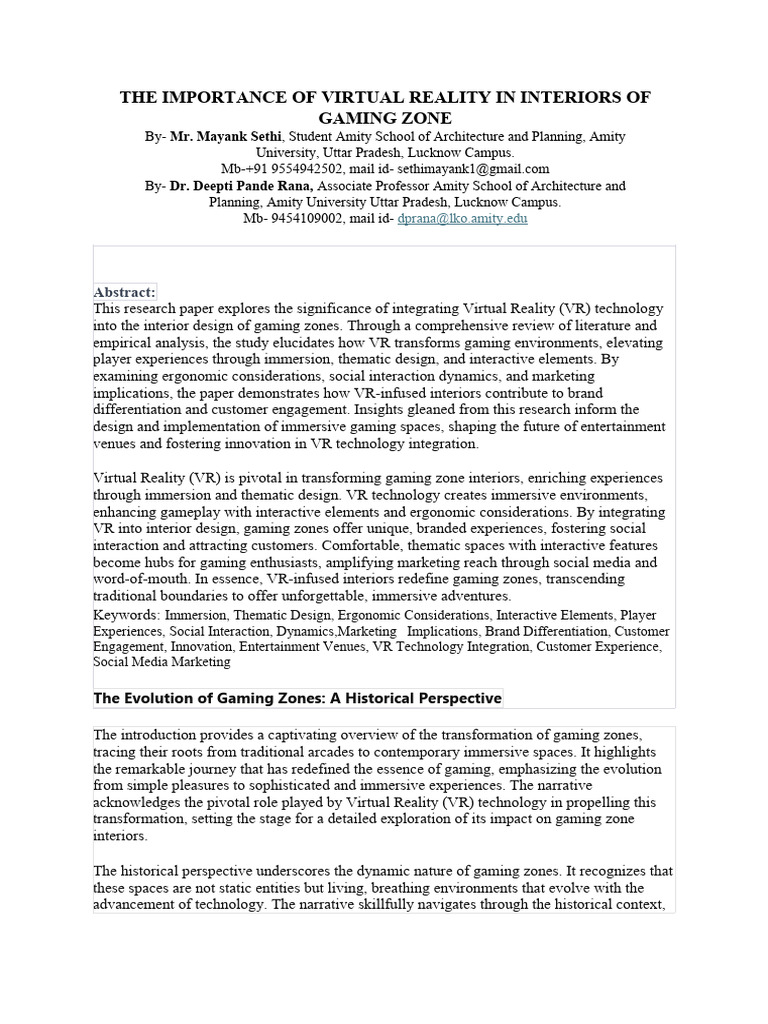 The Importance of Virtual Reality in Interiors of Gamingzone Research Paper - 123 | PDF ...