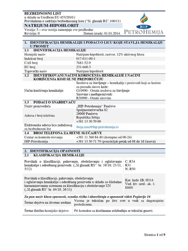 27 SDS Natrijum Hipohlorit SRP | PDF