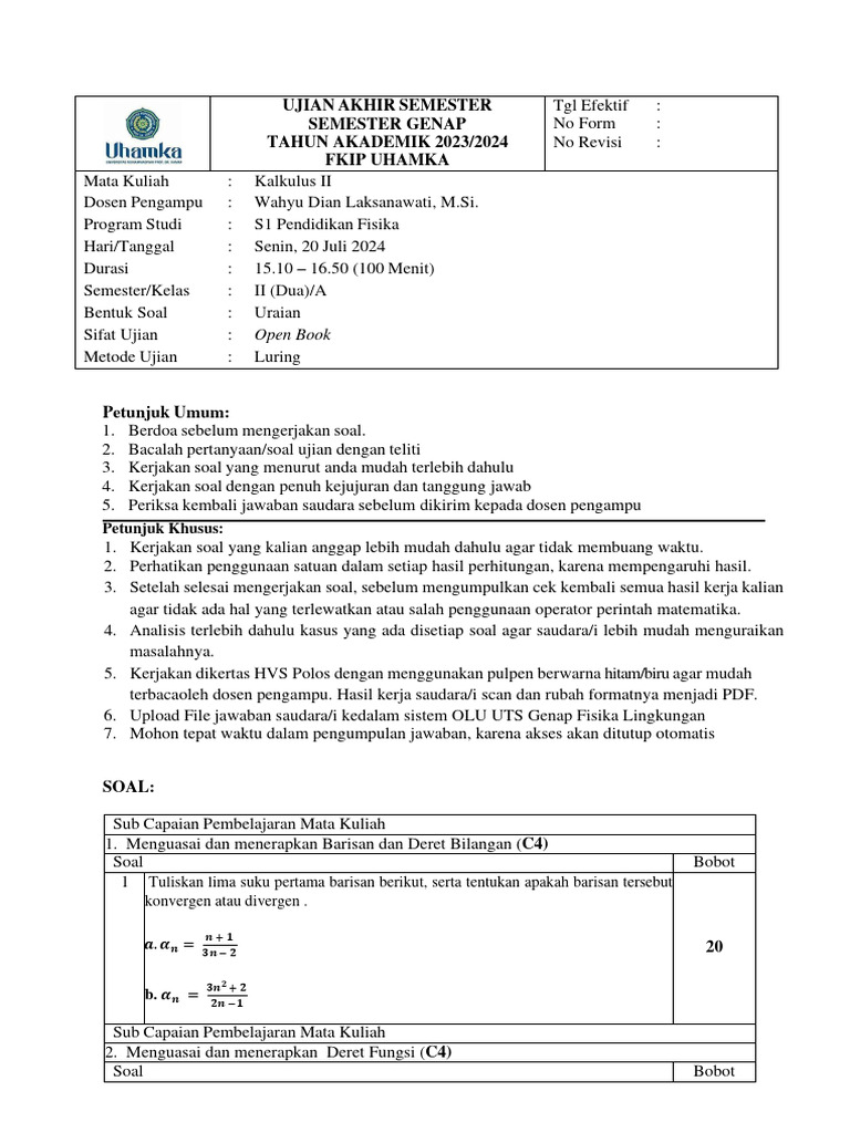 Perangkat UAS Kalkulus 2 2024 | PDF